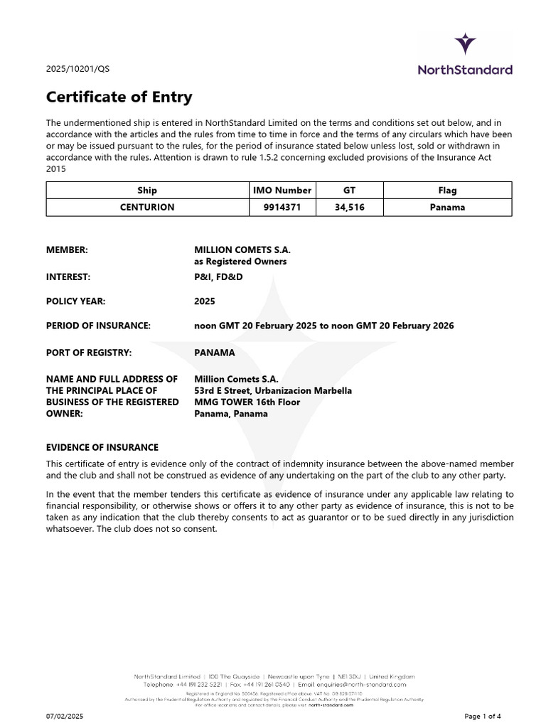 Certificate of Entry for CENTURION Ship | PDF | Civil Law (Legal System ...