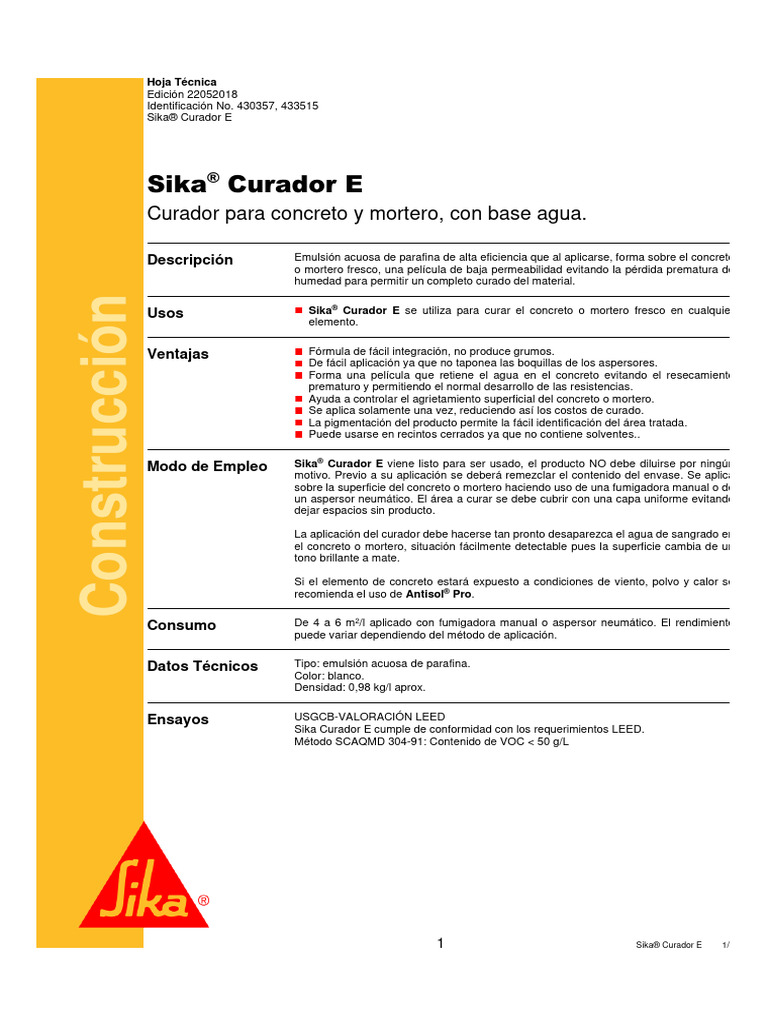 Ficha Tecnica Sika Curador E | PDF | Hormigón | Mortero (Albañilería)