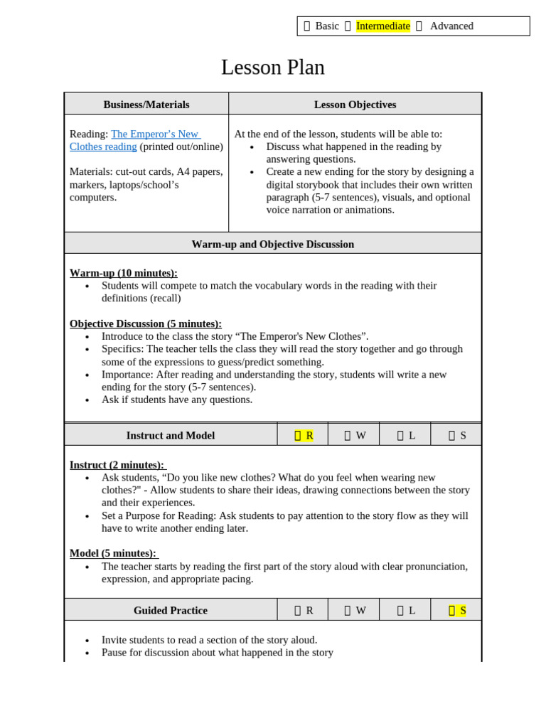 ESL Reading & Writing Lesson Plan For Beginners | PDF | Communication ...