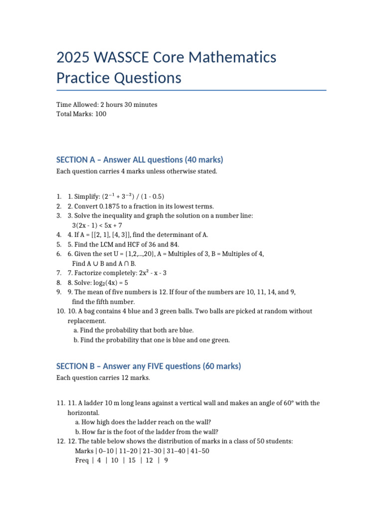 WASSCE Core Math 2025 Practice | PDF
