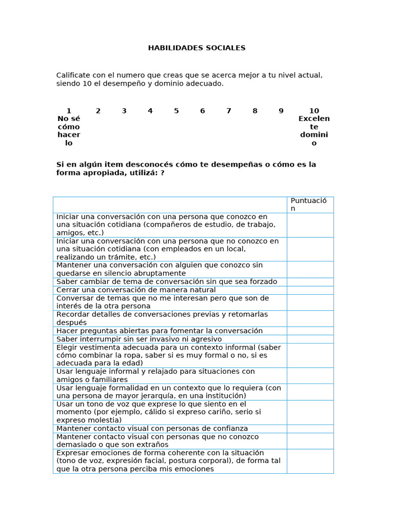 Evaluación de Habilidades Sociales | PDF | Comunicación no verbal ...