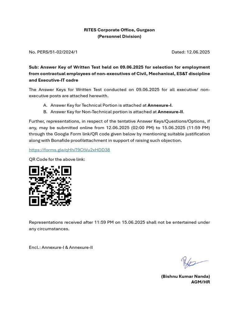 RITES 2025 Test Answer Key Released | PDF | Labor