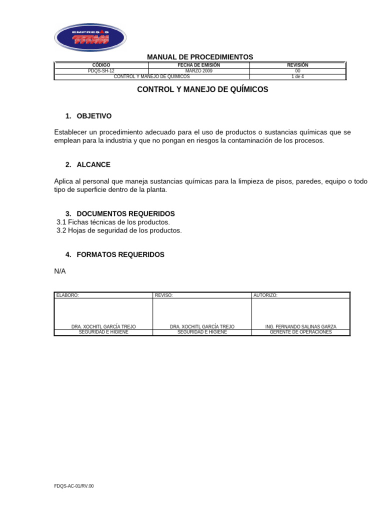 Pdqs-sh-12 Control y Manejo de Quimicos | PDF | Higiene