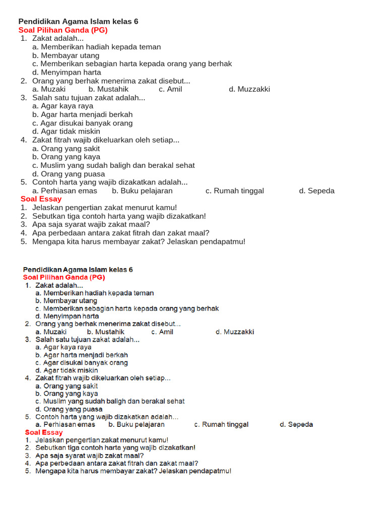 Soal Agama Islam Kelas 6 Zakat | PDF