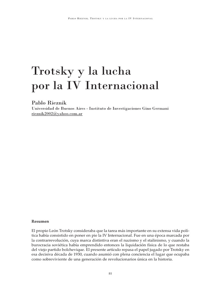 Articulo Rieznik Trotsky y La IV | PDF | Leon Trotsky | Internacional comunista