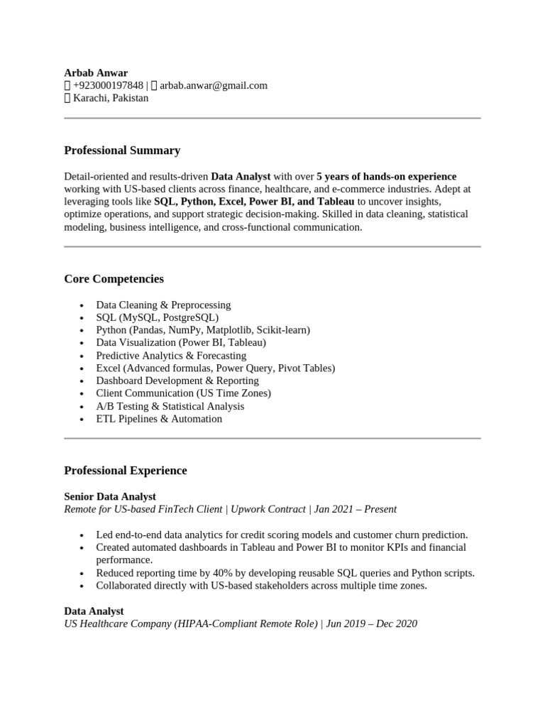 Professional Summary: Arbab Anwar | PDF | Data Analysis | Analytics