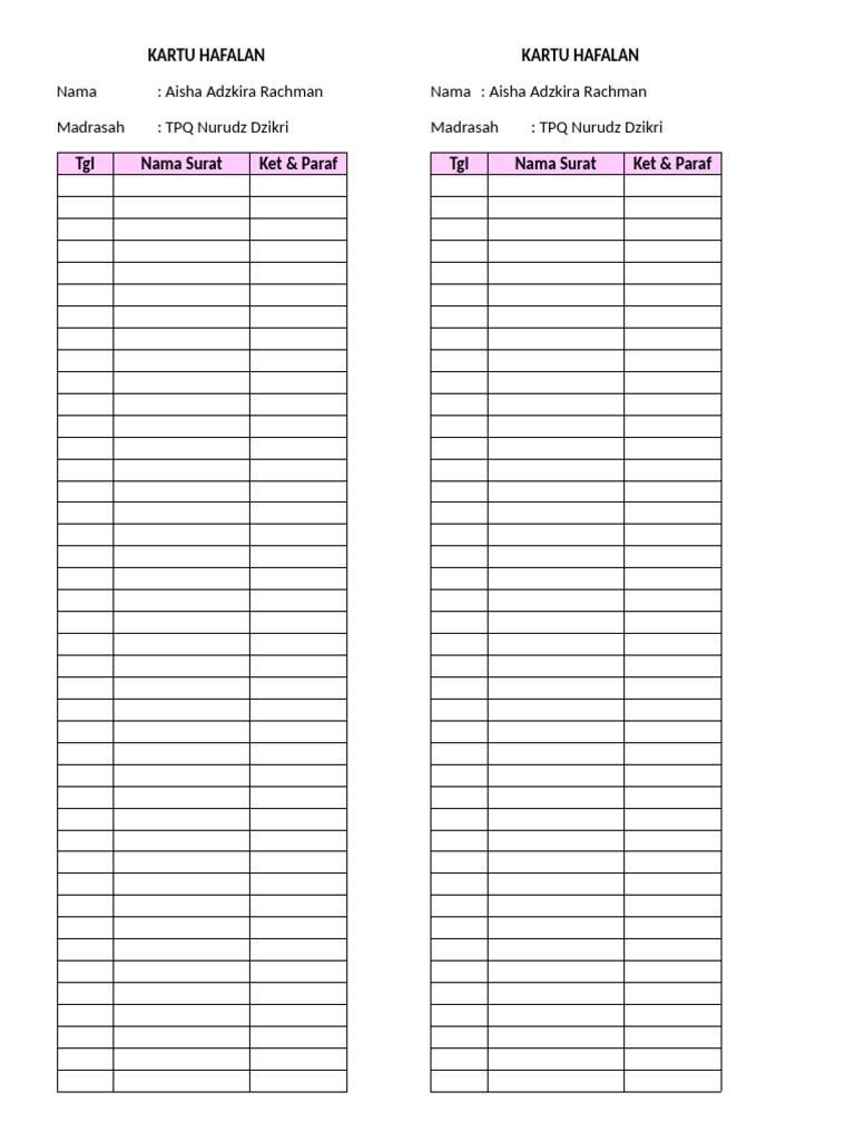 Kartu Hafalan Surat | PDF