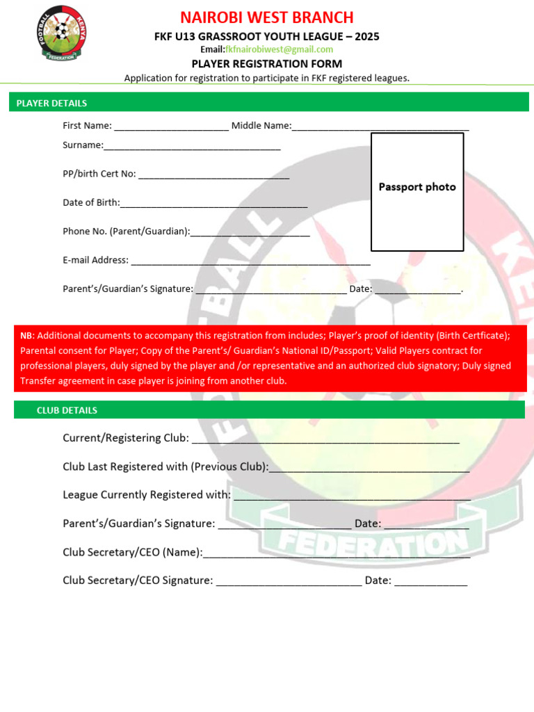 FKF U13 Player Registration Form 2025 | PDF
