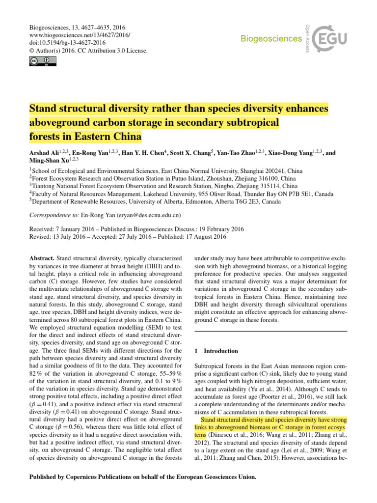 Stand Structural Diversity Rather Than Species Diversity Enhances Aboveground Carbon Storage in ...