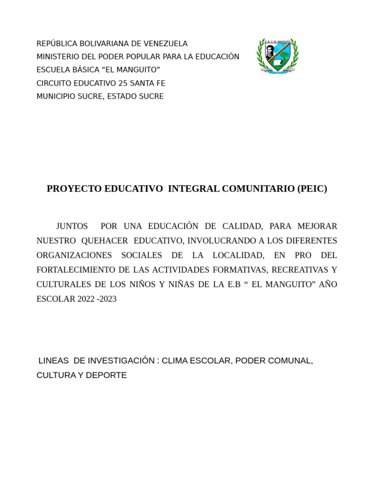 PEIC 2021-2022 EB EL MANGUITO (Copia) | PDF | Educación de la primera ...
