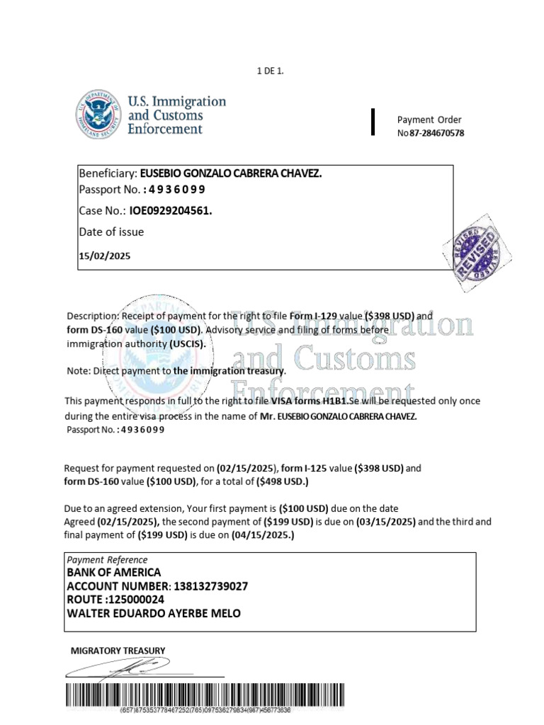 US Customs Payment Receipt for Visa Forms | PDF