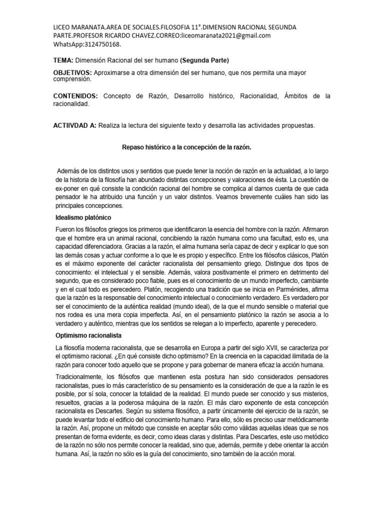 Guia Filosofia 10# 11 (Dimension Rac II) | PDF | Razón | Conocimiento