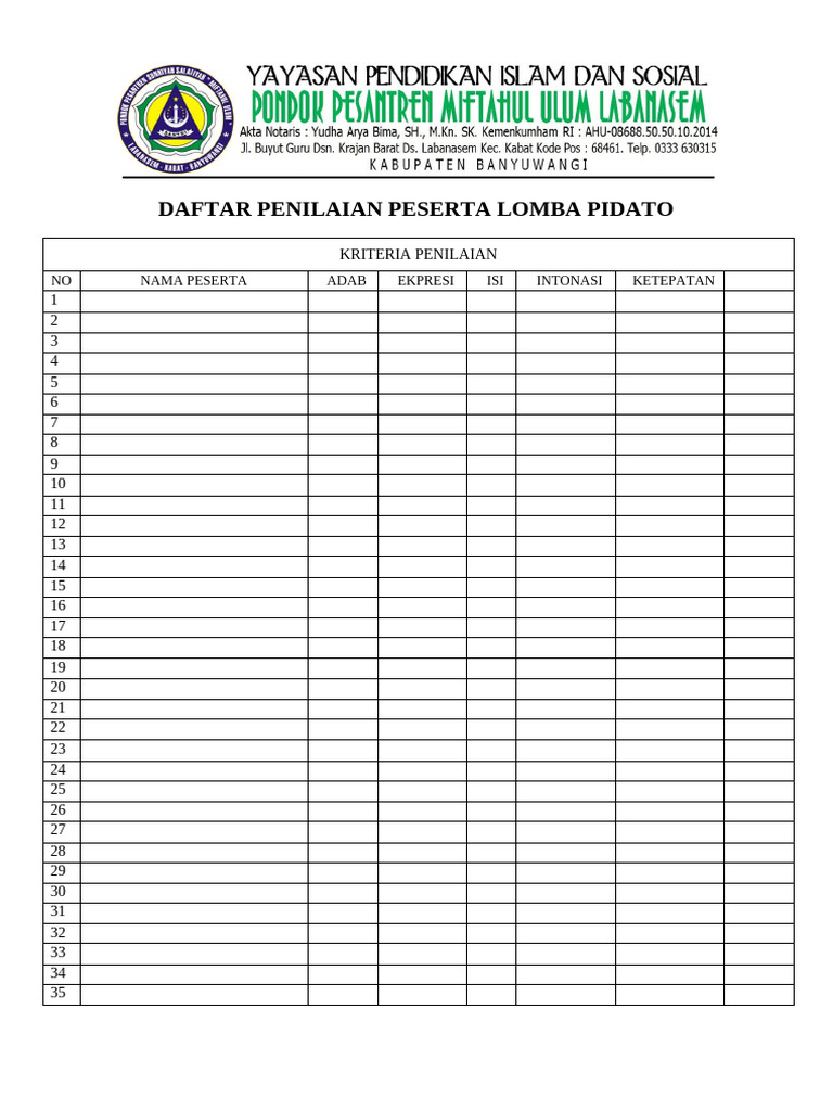 Daftar Penilaian Lomba Pidato. | PDF
