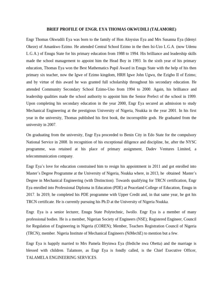 Brief Profile of Engr Eya Thomas - 034558 | PDF | Educational Stages