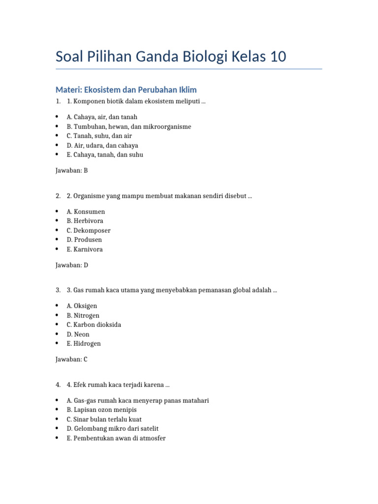 Soal Biologi Kelas 10 Ekosistem Dan Peran Iklim | PDF