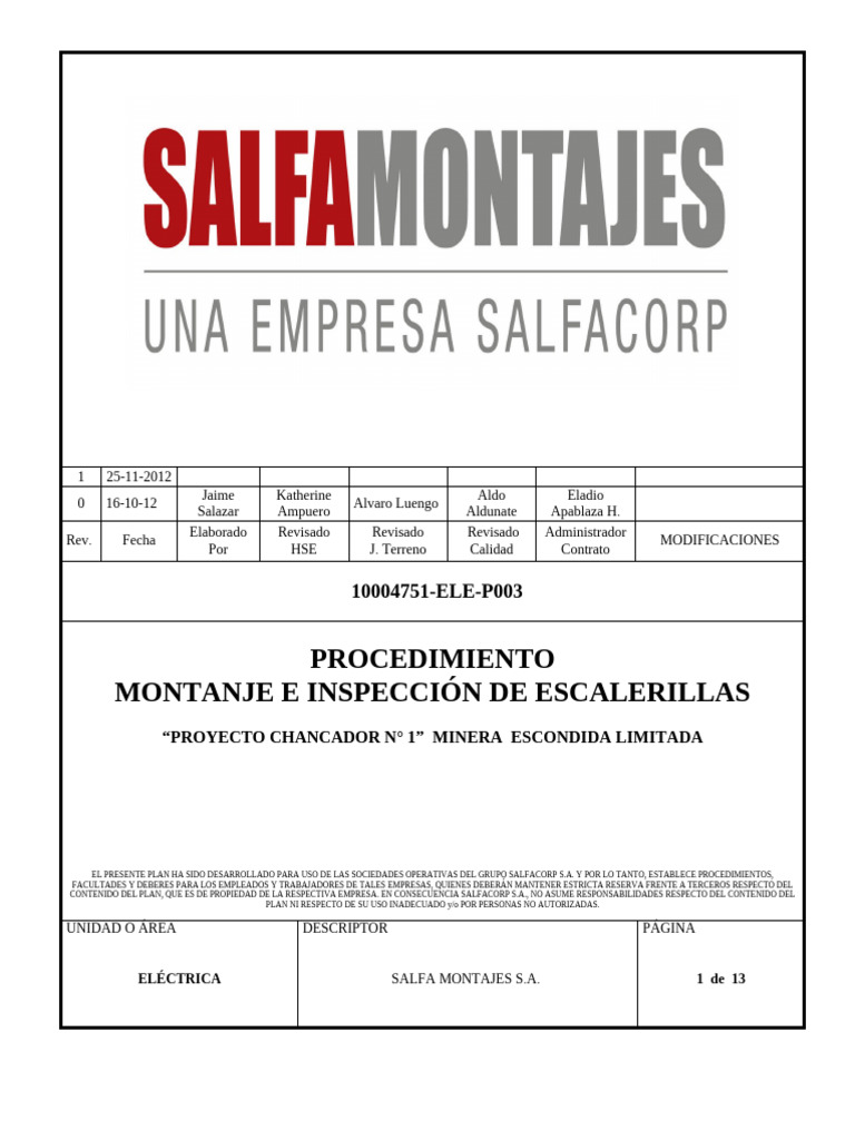 10004751-ELE-P003 Montaje E Inspección de Escalerillas Rev. 1 | PDF | Seguridad y salud ...