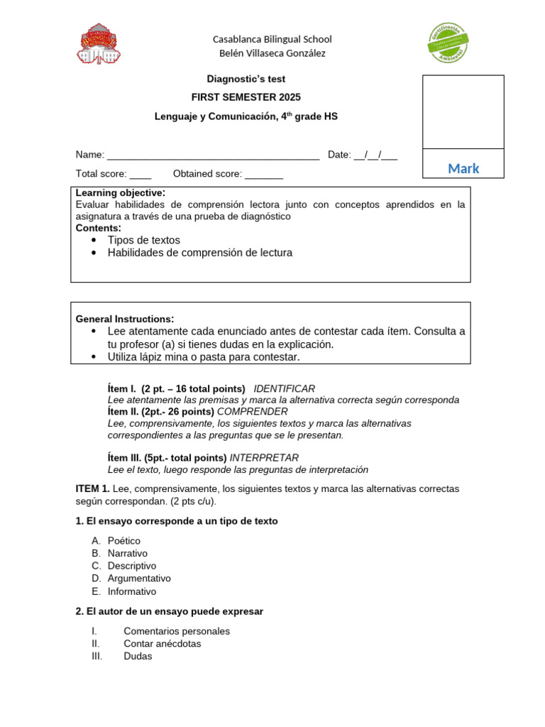 Prueba Diagnóstica de Comprensión Lectora | PDF | Ensayos | Narración