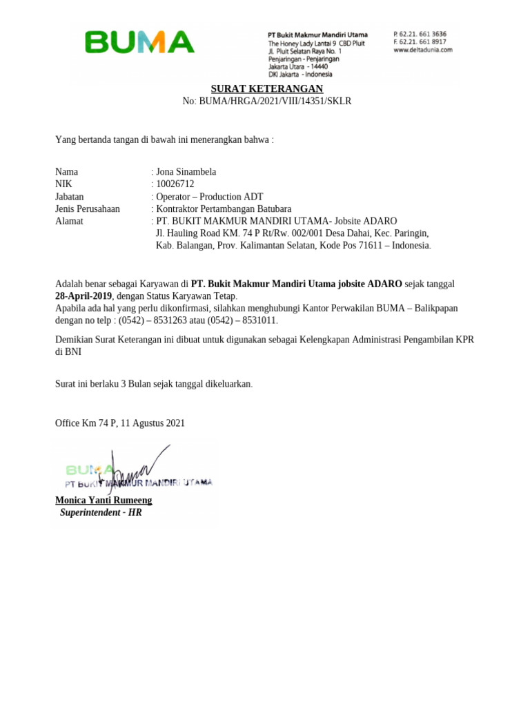 Surat Keterangan Karyawan BUMA | PDF