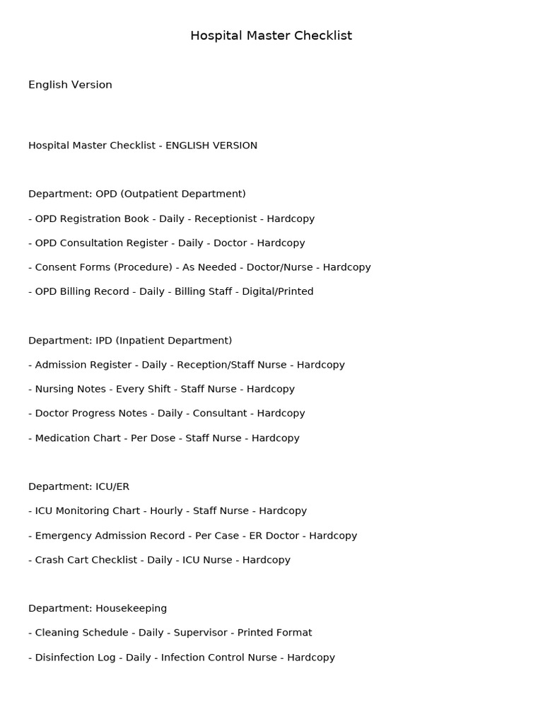 Hospital Master Checklist English Marathi | PDF