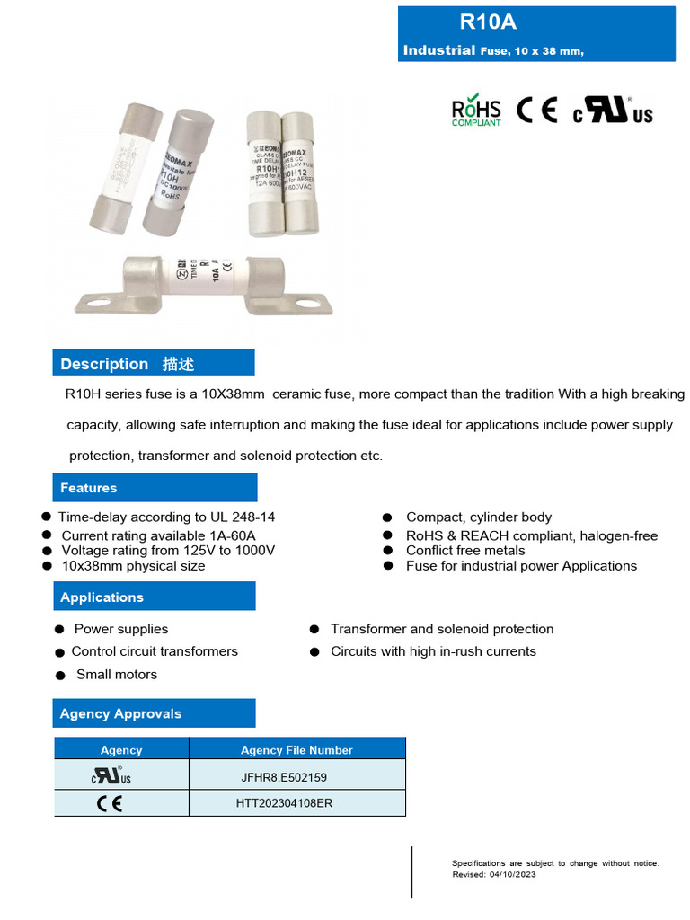 10x38 陶瓷管规格书 r10a-Xx | PDF | Fuse (Electrical) | Power Engineering