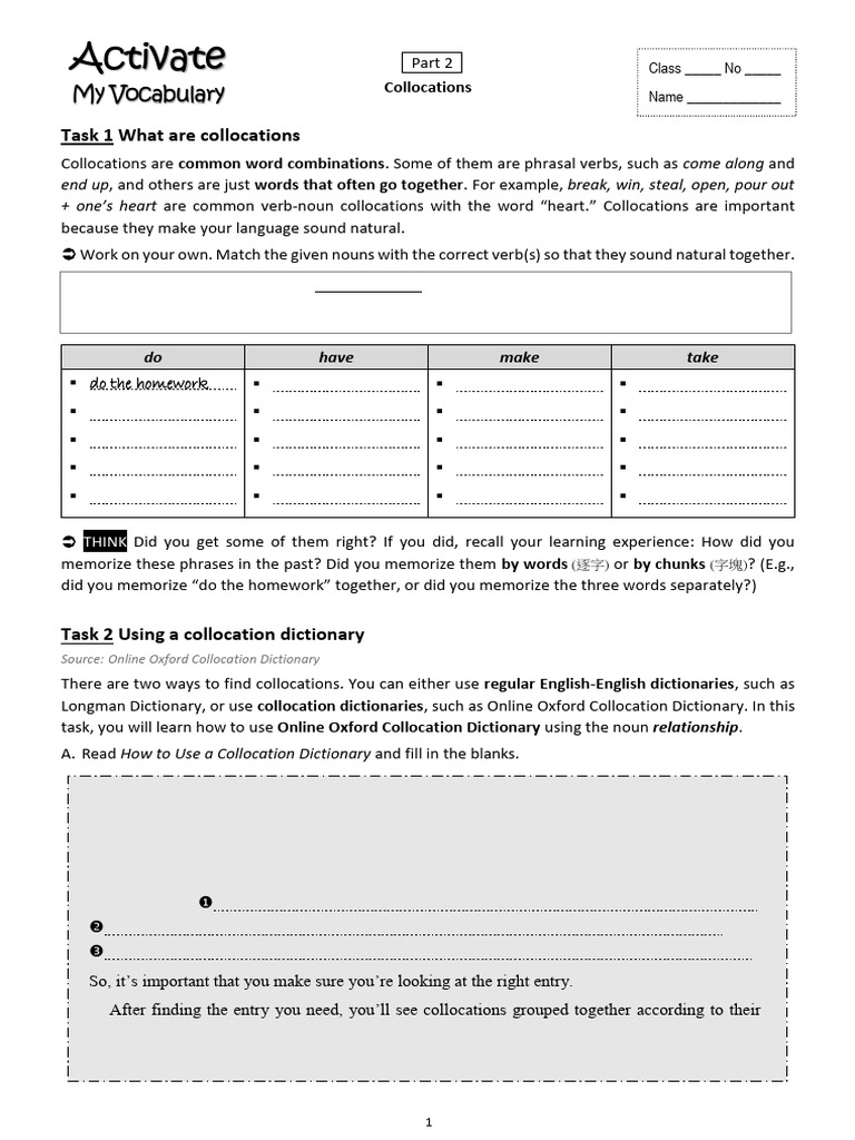 Activate My Vocabulary - 2 - Collocations PDF | PDF | Vocabulary | Part Of Speech