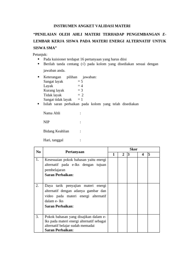Instrumen Angket Validasi Materi | PDF