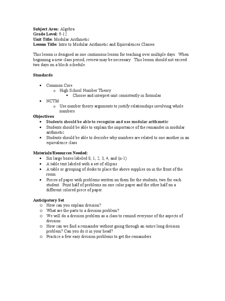 Subject Area: Algebra Grade Level: 9-12 Unit Title: Modular Arithmetic ...