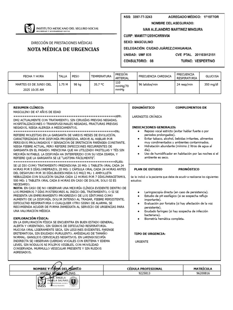 Nota Medica de Urgencias | PDF | Enfermedades y trastornos ...