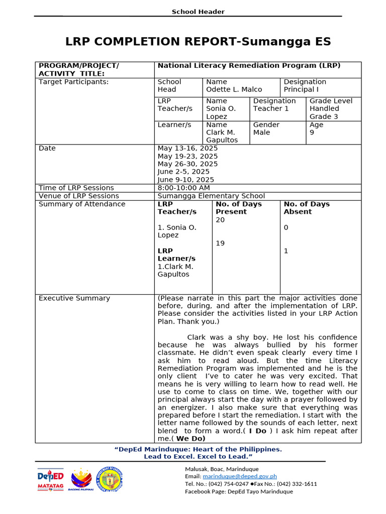 LRP Completion Report Sumangga ES | PDF | Human Communication | Learning