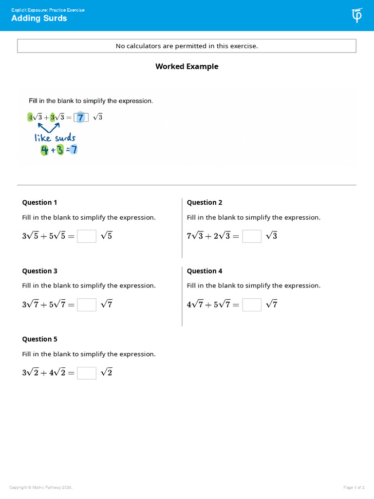 Exercise 4.7 Adding Surds | PDF