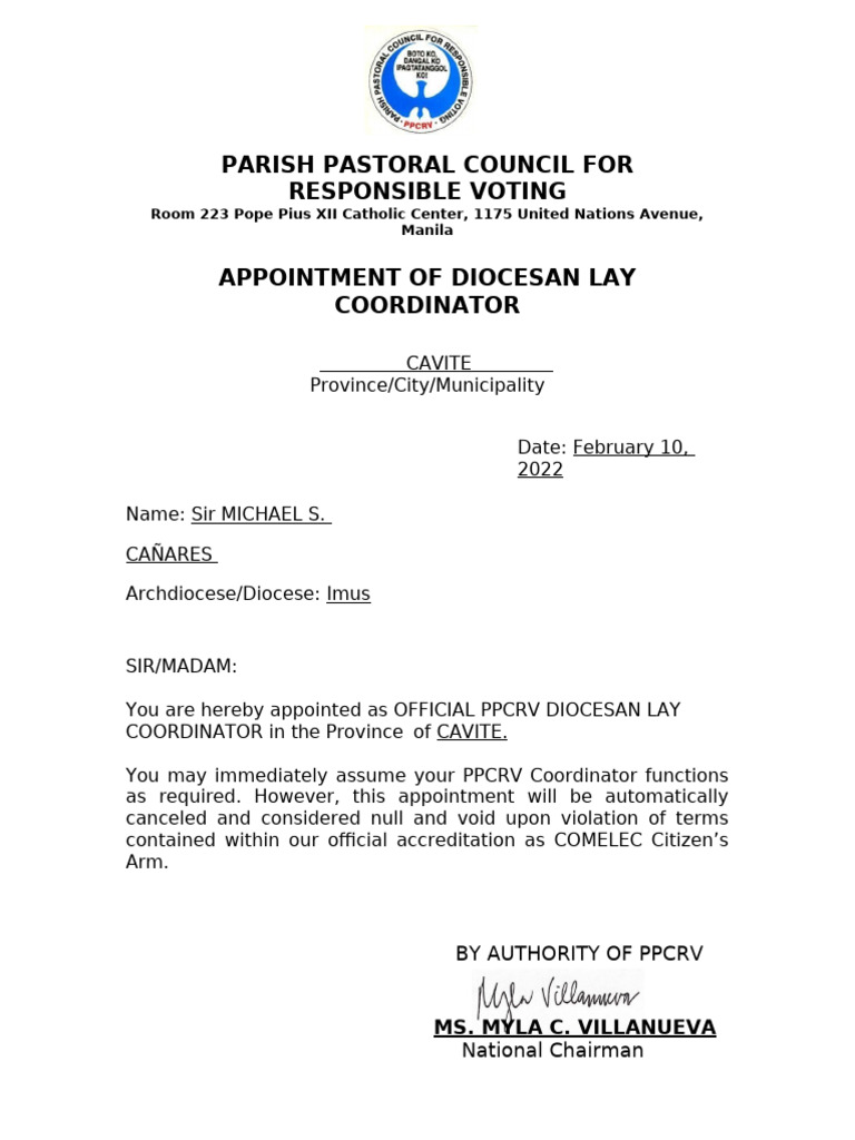 Appointment Letter For Diocesan Lay Coordinators-2022 | PDF