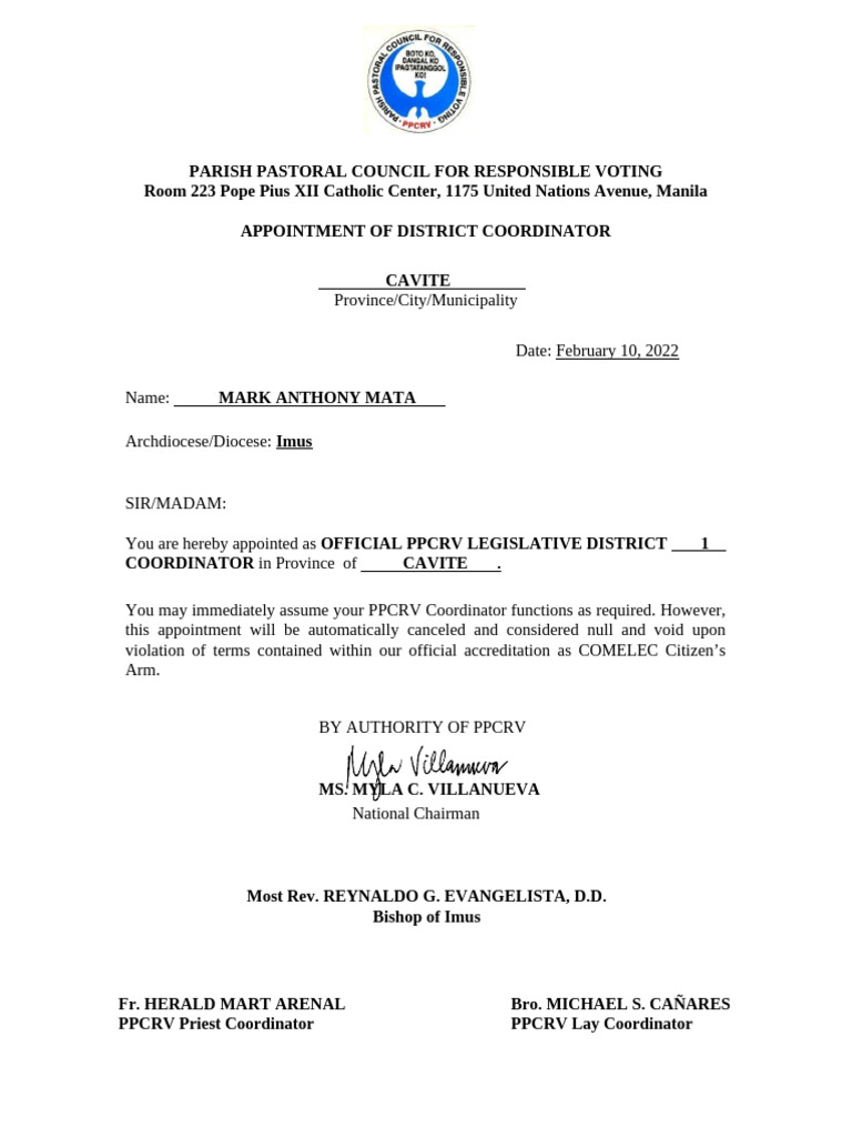 PPCRV District Coordinator Appointments | PDF | Diocese | Catholic Church
