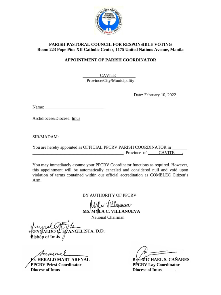 Appointment Letter For Parish Coordinators-2022 | PDF
