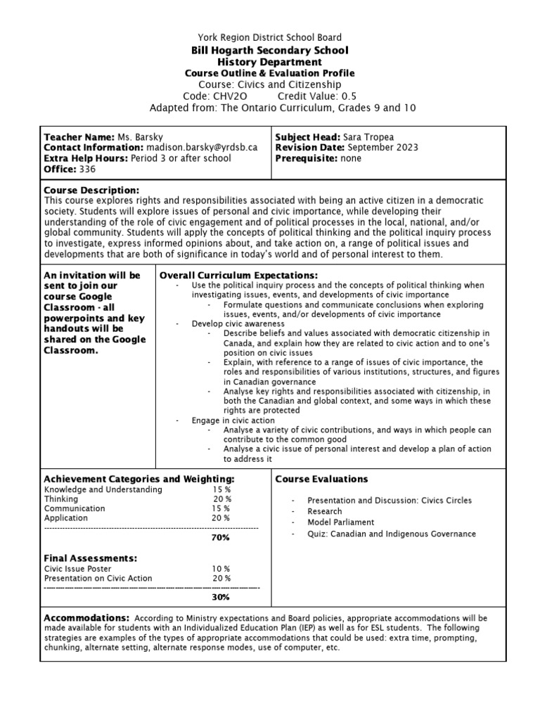 CHV2O Course Outline (2023-2024) | PDF | Educational Assessment ...