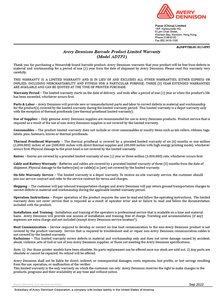 Basic Warranty (ADTP1 Printer) - IPPS | PDF