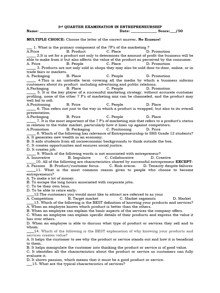 3rd Quarter Examination in Entrepreneurship | PDF | Marketing | Employment