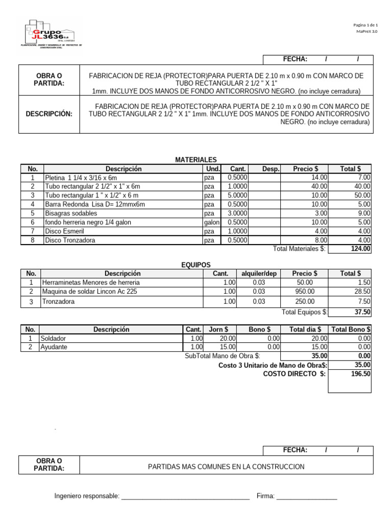 Ejemplos y Formato Maprex 3.0 Apu | PDF | Materiales de construcción