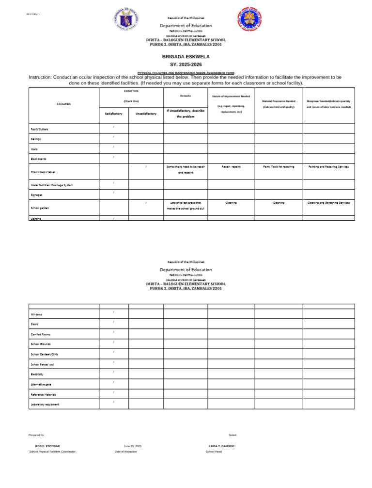 Brigada Eskwela Form 1 Dirita 2025 2026 | PDF