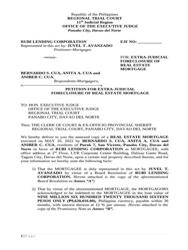 RLC-PANABO v. CUA (Foreclosure) | PDF | Mortgage Law | Foreclosure