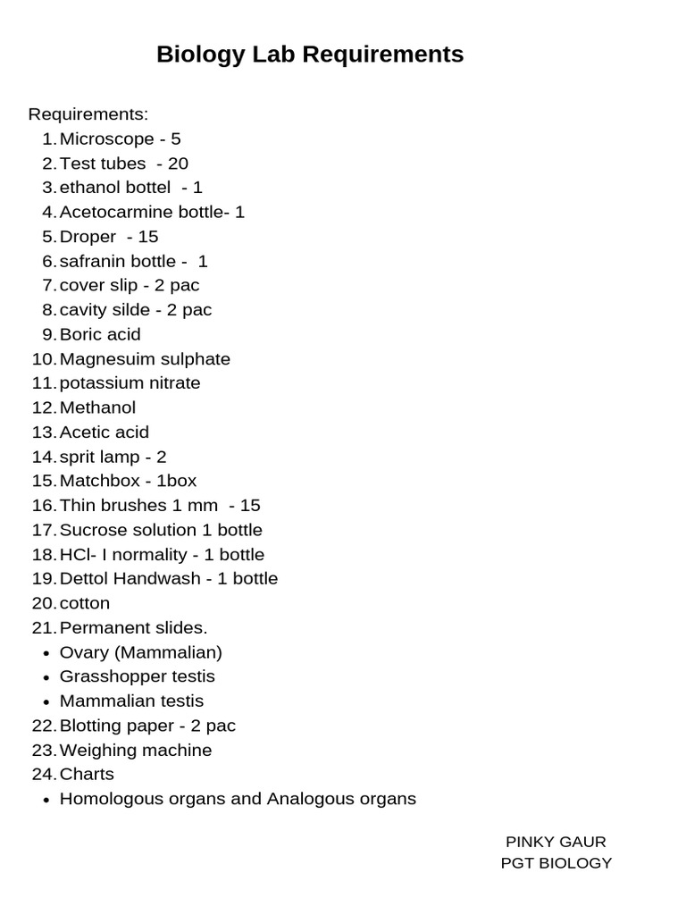 Biology Lab Equipment Requirements | PDF