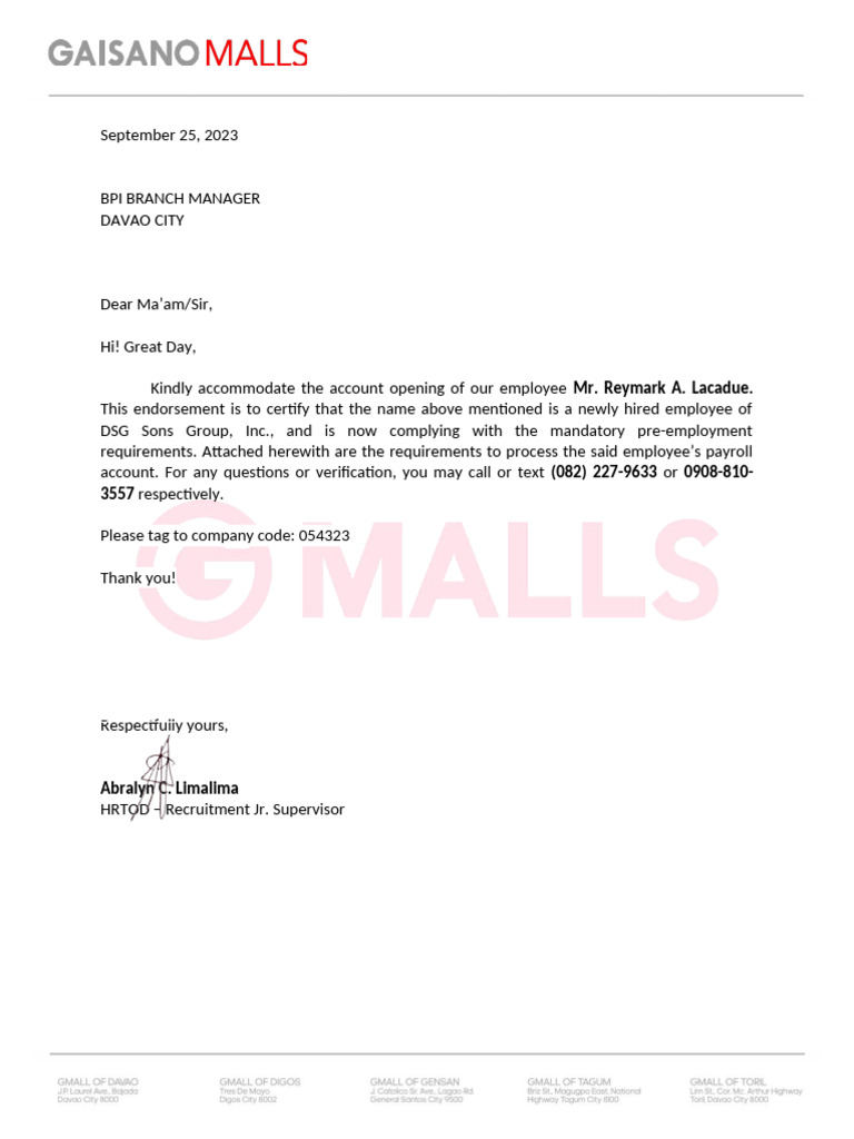 BPI Endorsement Form (Mr. Lacadue) | PDF