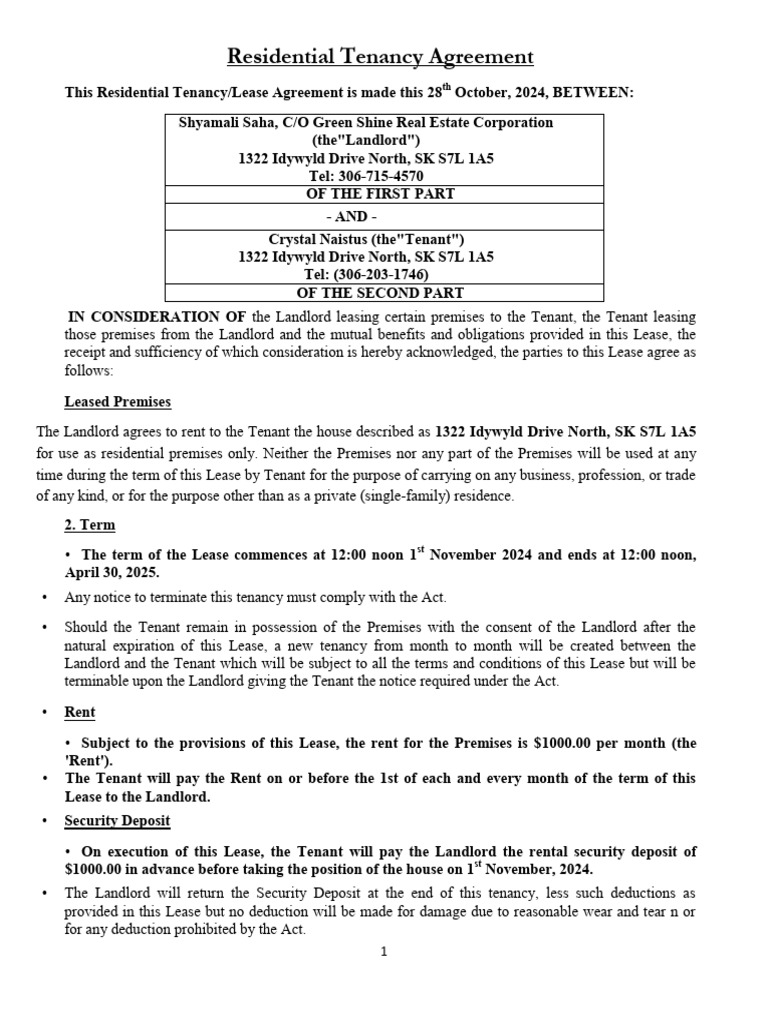 Lease Agreement - Shyamali Saha and Crystal-Final | PDF | Leasehold Estate | Lease