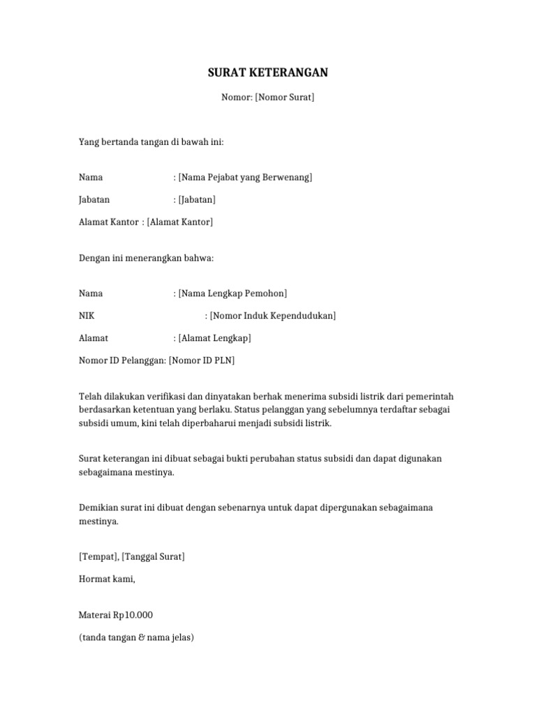Surat Keterangan Subsidi Listrik | PDF