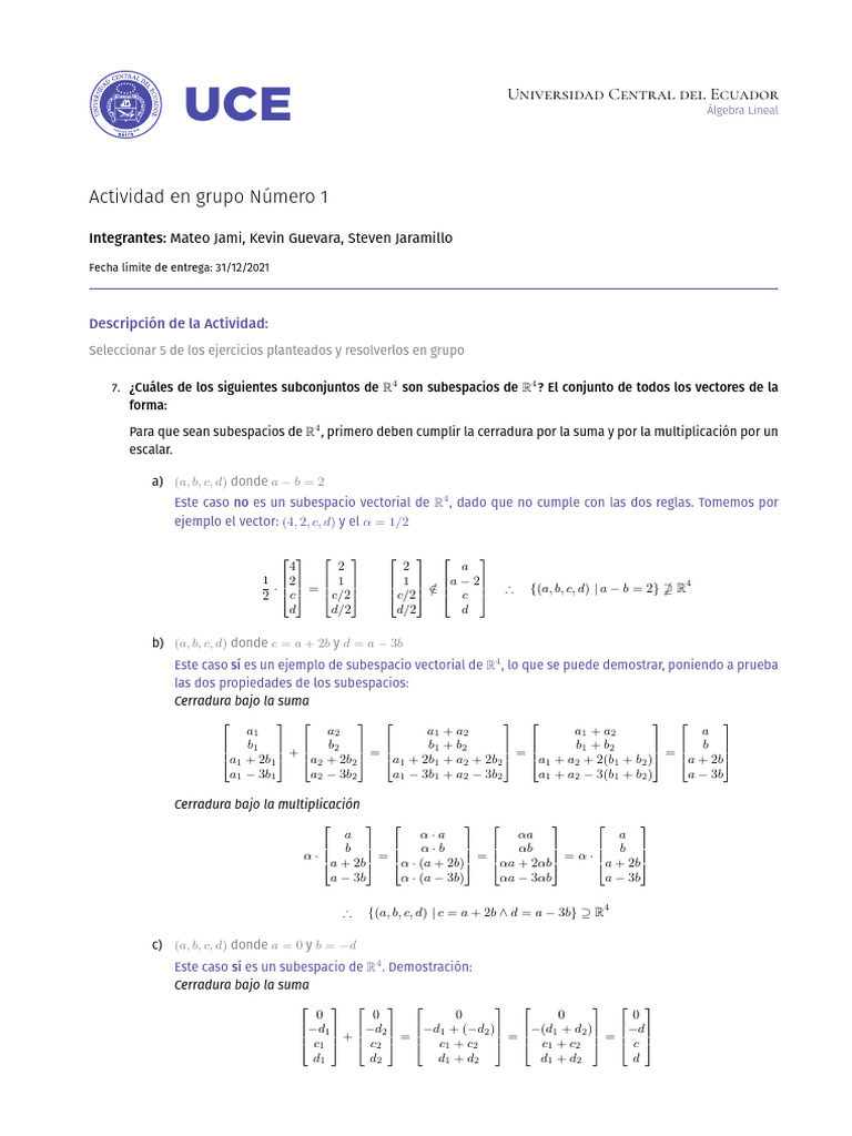 Trabajo Grupal 1 | PDF | Espacio vectorial | Mapa lineal