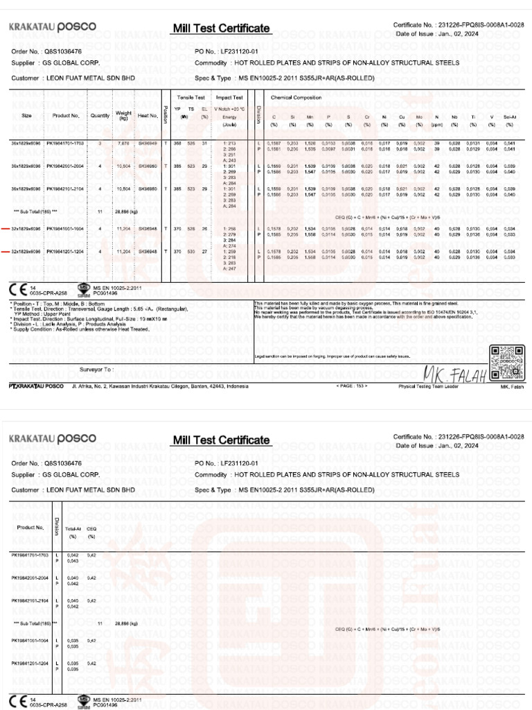 32 MM Steel Mill Cert | PDF