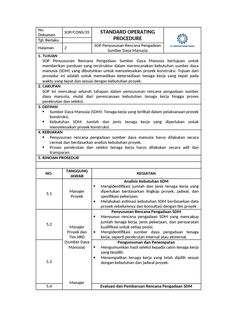 SOP Penyusunan Rencana Pengadaan Sumber Daya Manusia | PDF