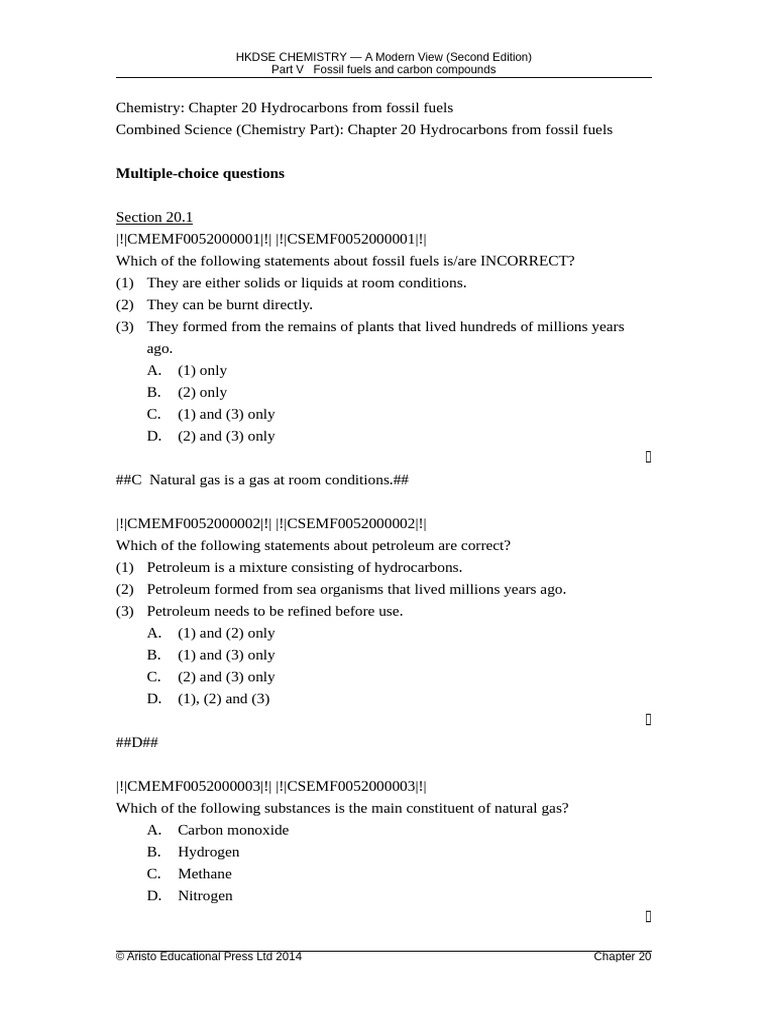 Chapter 20 Multiple-Choice Questions | PDF | Combustion | Fuels