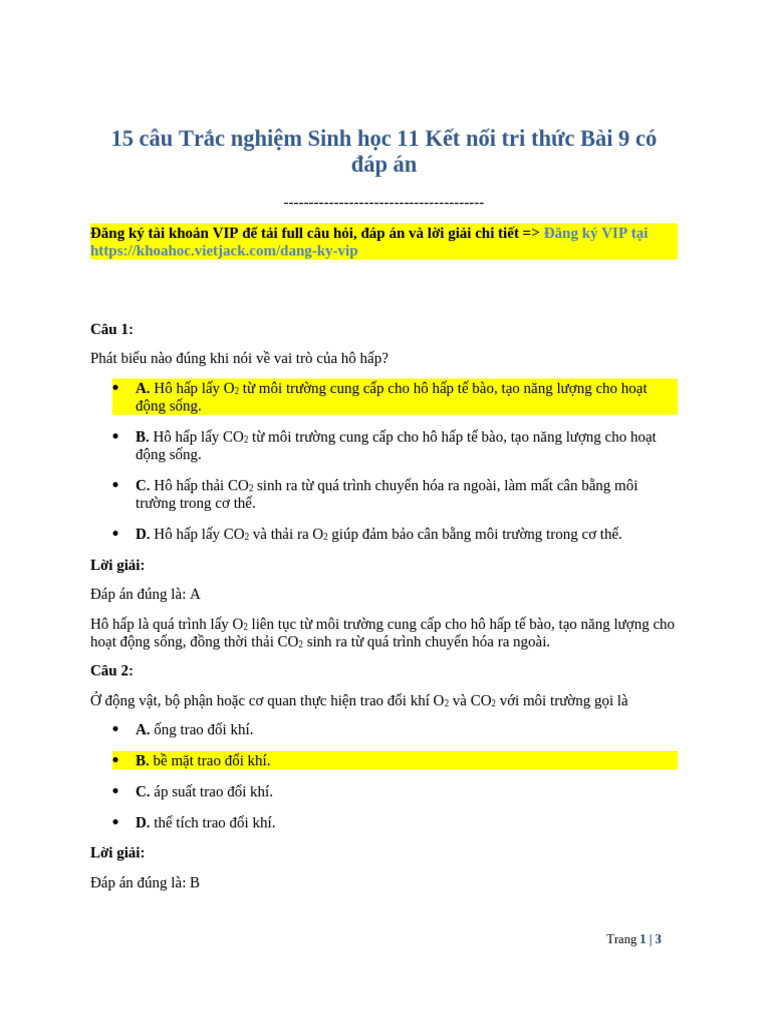 15 Cau Trac Nghiem Sinh Hoc 11 Ket Noi Tri Thuc Bai 9 Co Dap An 2025-01-04 | PDF