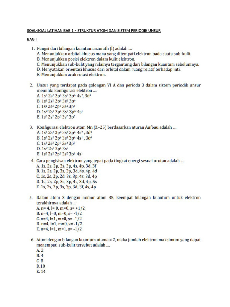 Latihan Soal ASAS Sistem Periodik Unsur Kelas 10 2024 | PDF