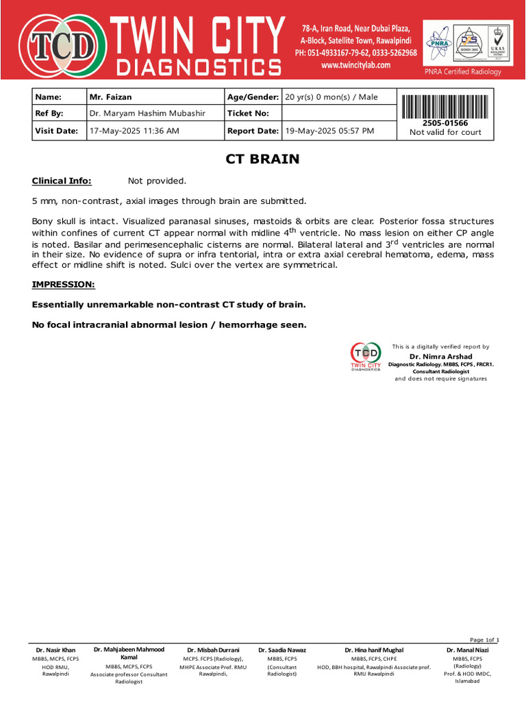 CT Scan Brain (Plain) - 2505-01566 | PDF | Radiology | Clinical Medicine